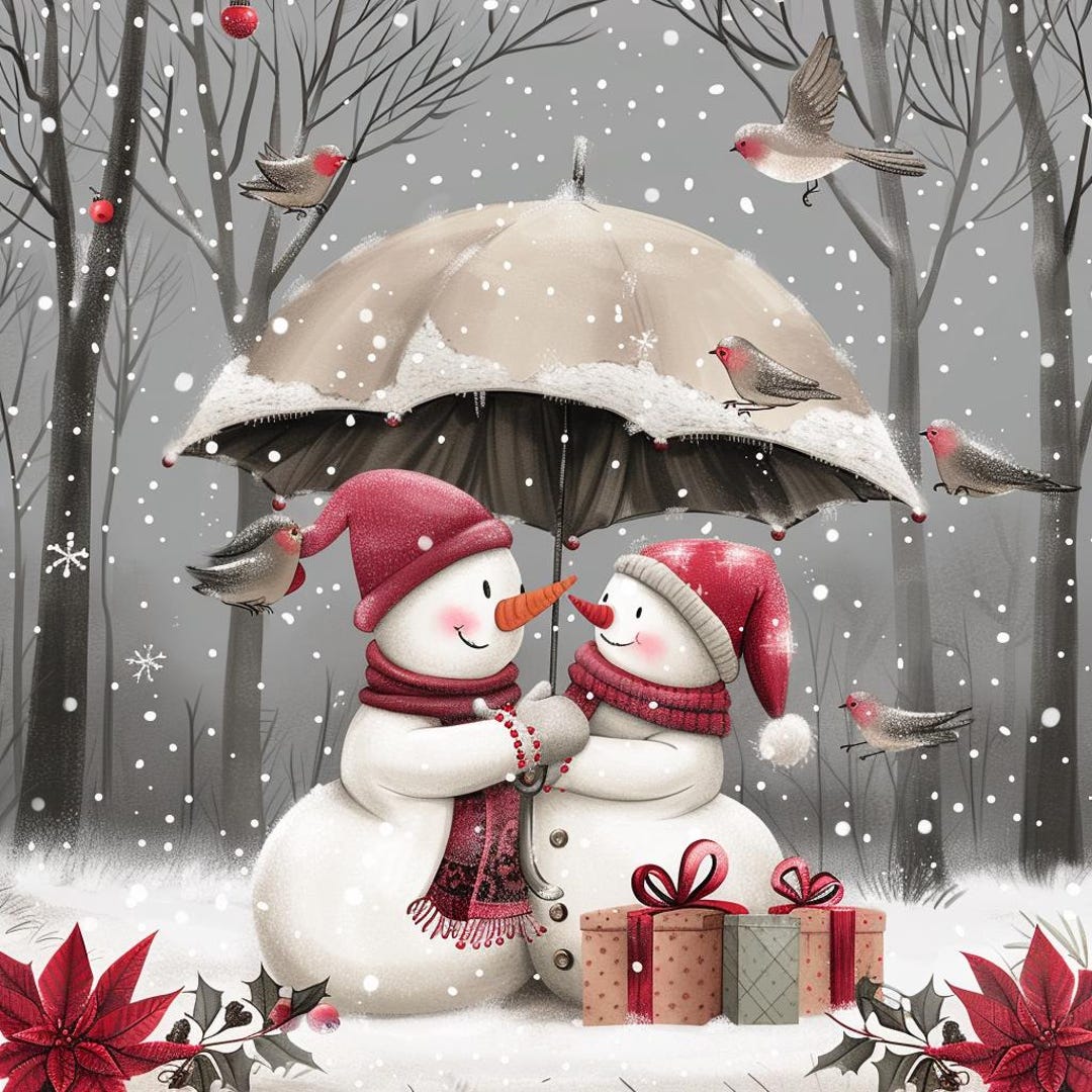 24 Cute Winter Snowman Couple Clipart, Christmas Snow Scene Artwork ...