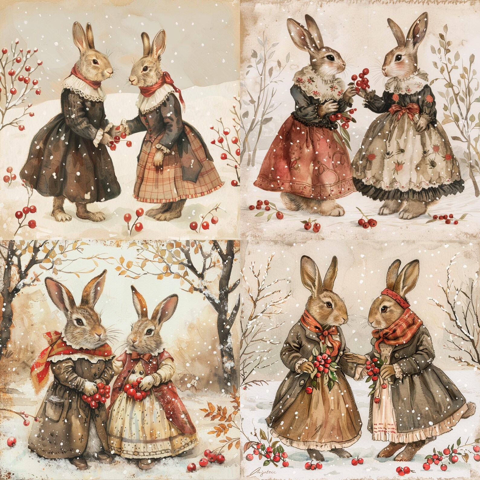 24 Vintage Winter Bunny Clipart, Christmas Rabbit Illustration ...
