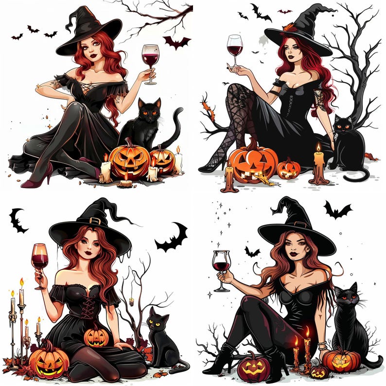 24 Halloween Witch Clipart, Black Cat and Pumpkins, Gothic Artwork ...