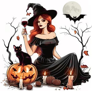 24 Halloween Witch Clipart, Black Cat and Pumpkins, Gothic Artwork ...