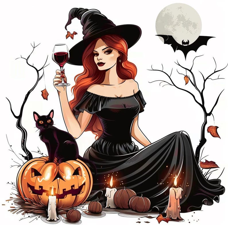 24 Halloween Witch Clipart, Black Cat and Pumpkins, Gothic Artwork ...