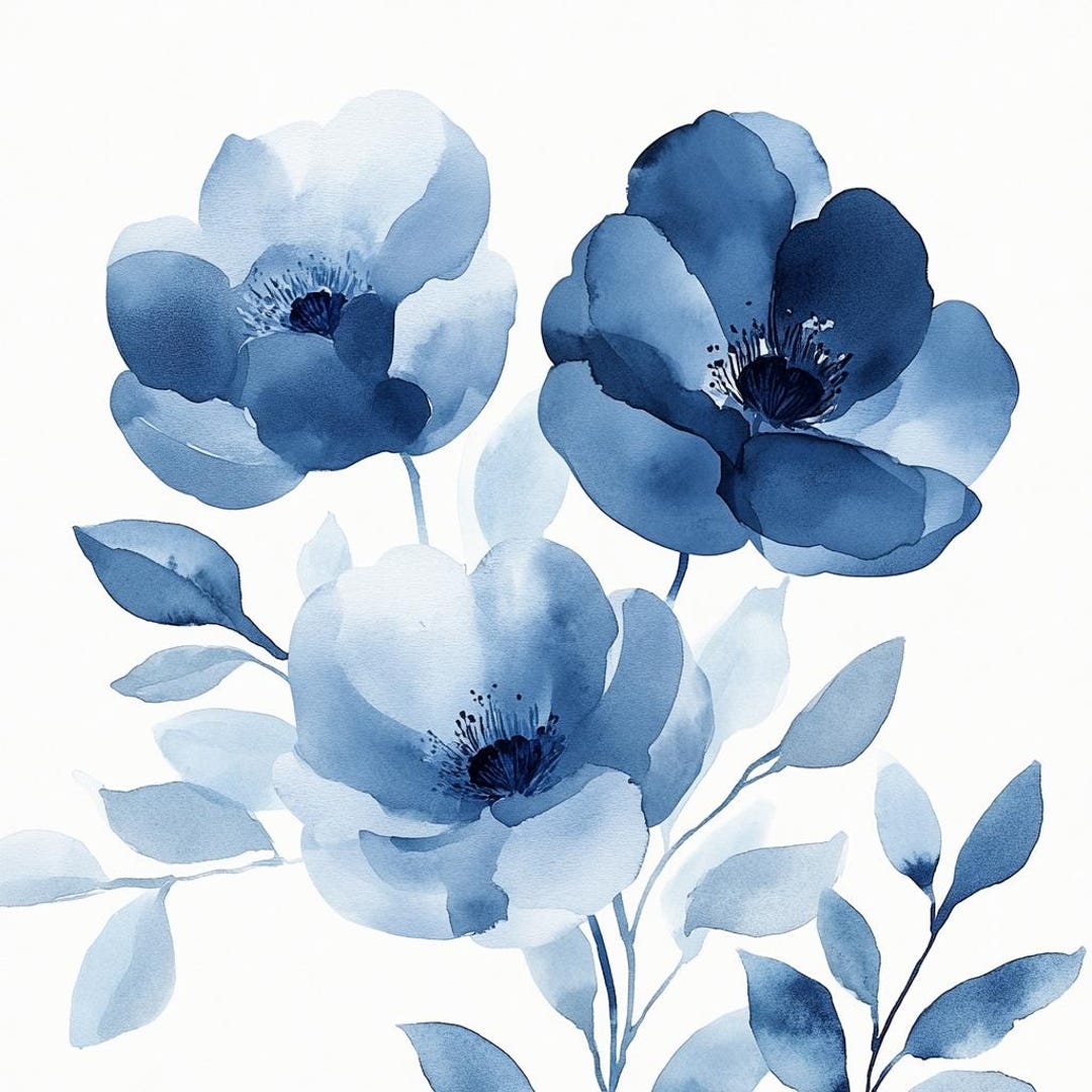 24 Blue Watercolor Flower Clipart, Hand-painted Floral Art, Printable ...