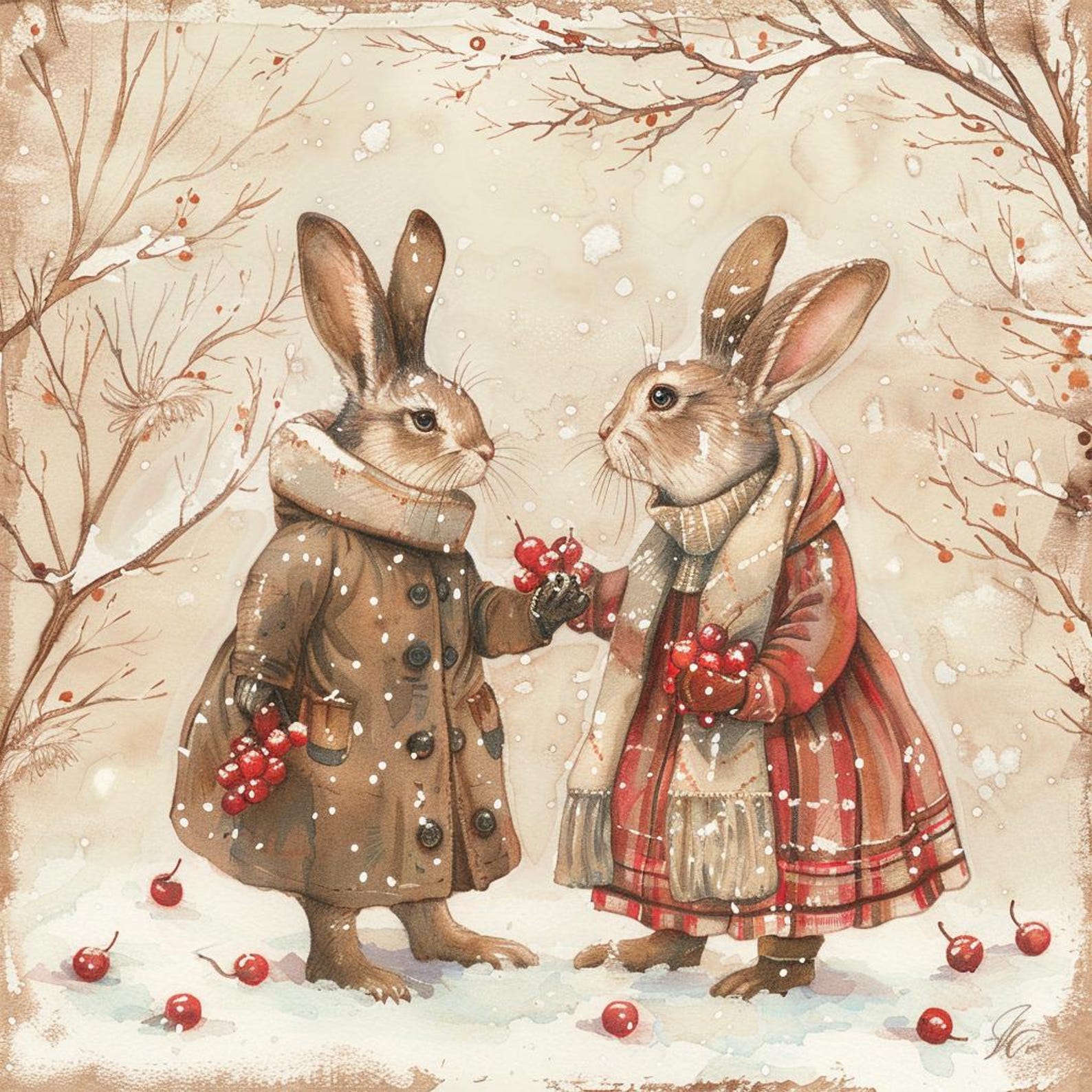 24 Vintage Winter Bunny Clipart, Christmas Rabbit Illustration ...