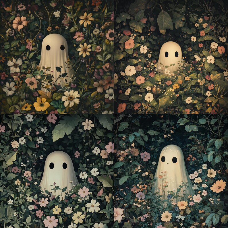 24 Ghost in Floral Garden Clipart, Cute Ghost Illustration, Halloween ...