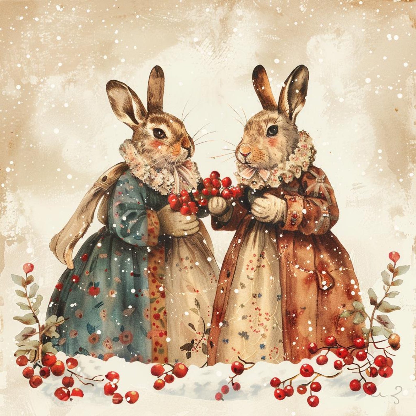 24 Vintage Winter Bunny Clipart, Christmas Rabbit Illustration ...