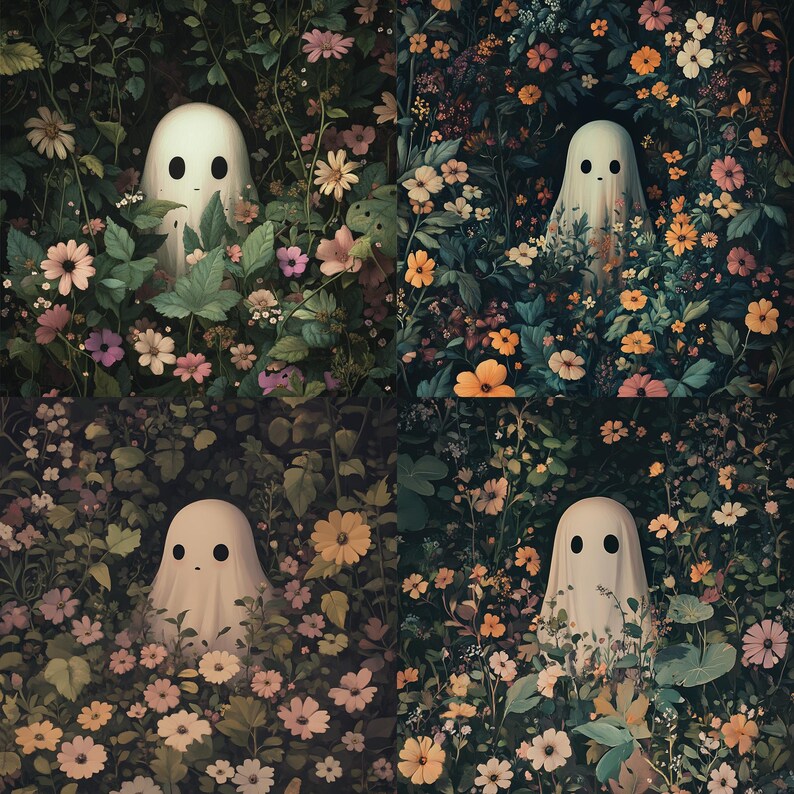 24 Ghost in Floral Garden Clipart, Cute Ghost Illustration, Halloween ...
