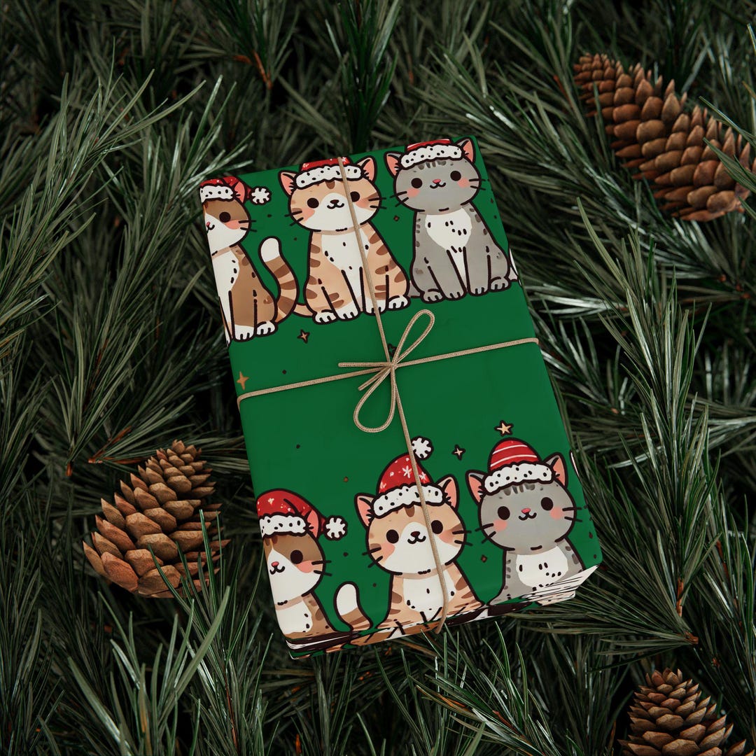 Christmas Cats Wrapping Paper, Cute Holiday Gift Wrap, Santa Hat Cat ...