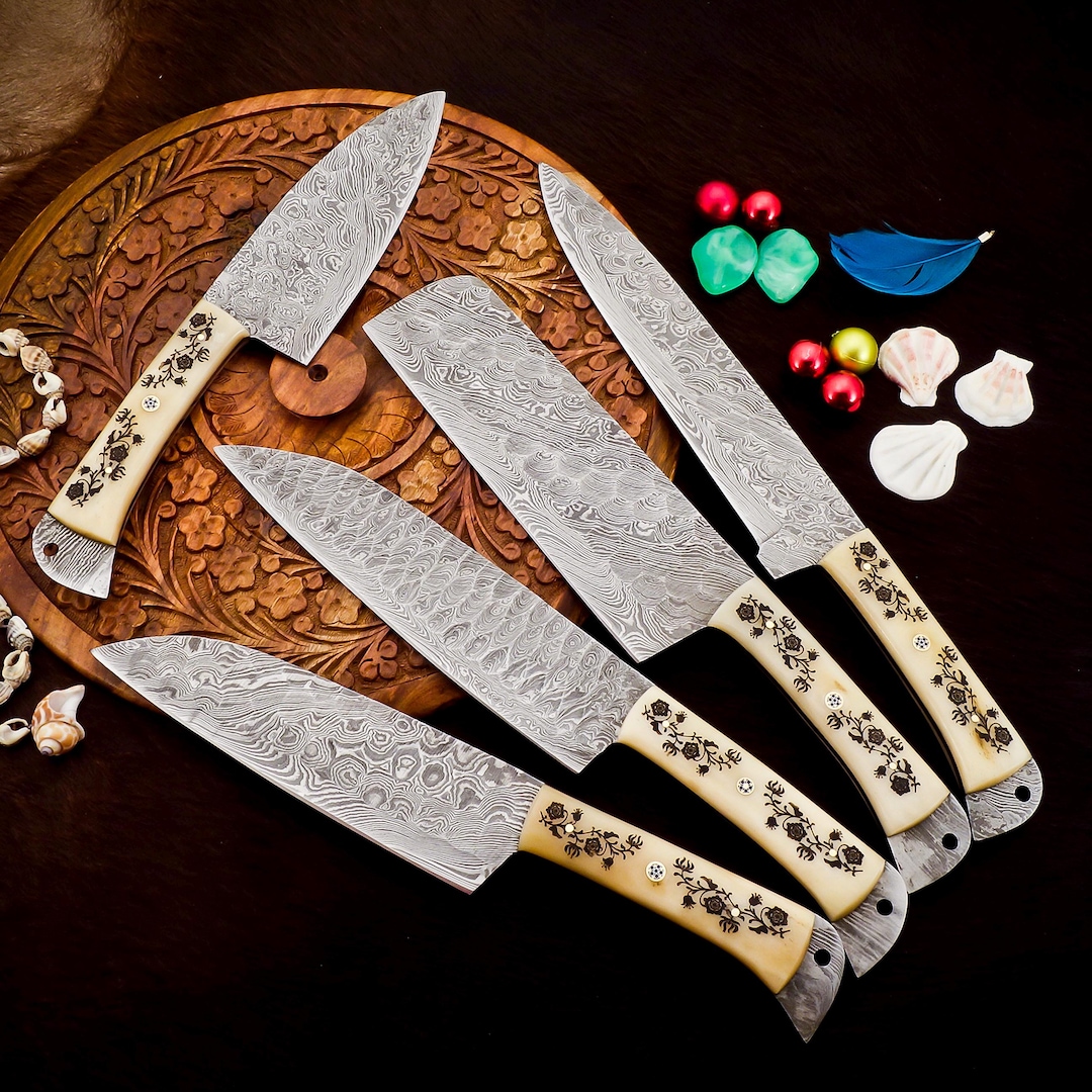 Hand Forged Damascus Chef Set, Damacus Knife Set,kitchen Knives-5pcs, Chef Knife, ANNIVERSARY ...