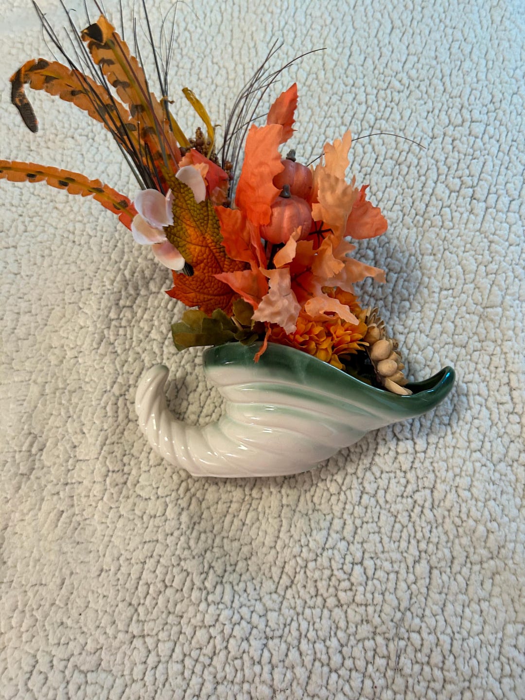 Cornucopia W/ Pumpkins, Dried Flowers,handmade Natural Seashell Flowers ...