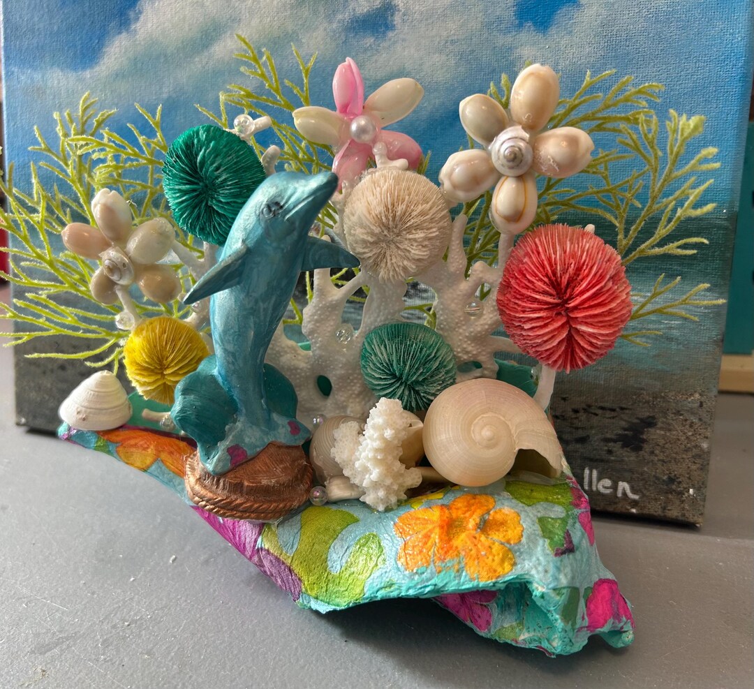 Decoupaged Seashell Decor: Funky Hippie Style With Resin Dolphin - Etsy