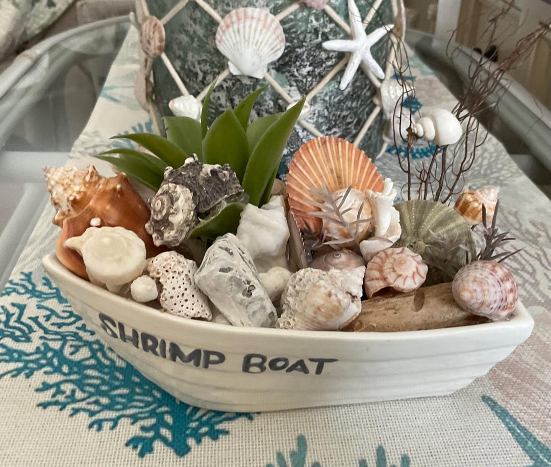 Ceramic Shrimp Boat Centerpiece, Seashells and Driftwood Decor With ...