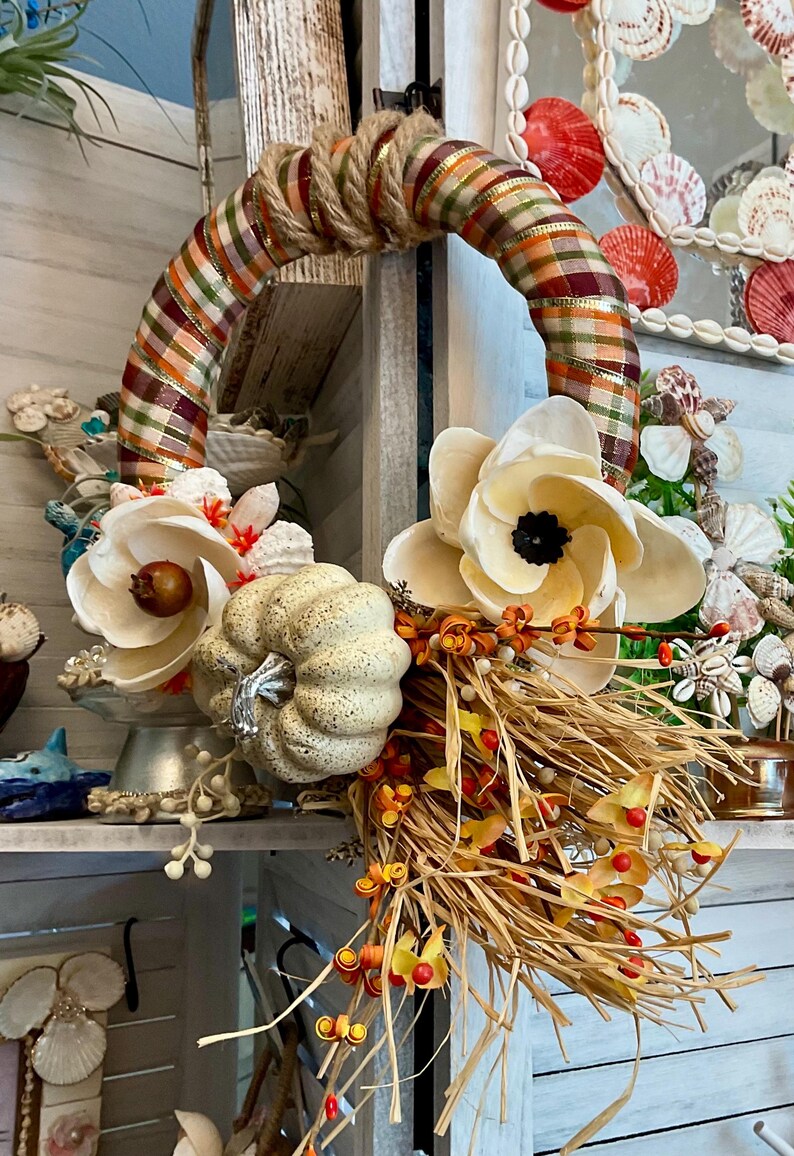 Fall Wreath With Seashell Flowers ,autumn Ribbon, Pumpkins and Dry ...