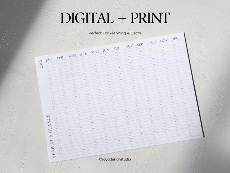 2026 Year at a Glance Calendar | Printable Wall Planner | Minimalist ...