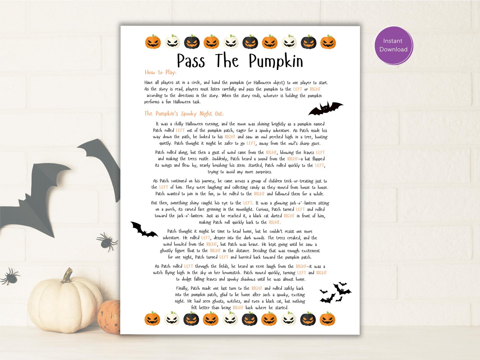 Pass the Pumpkin Game Halloween Printable, Left Right Game ...