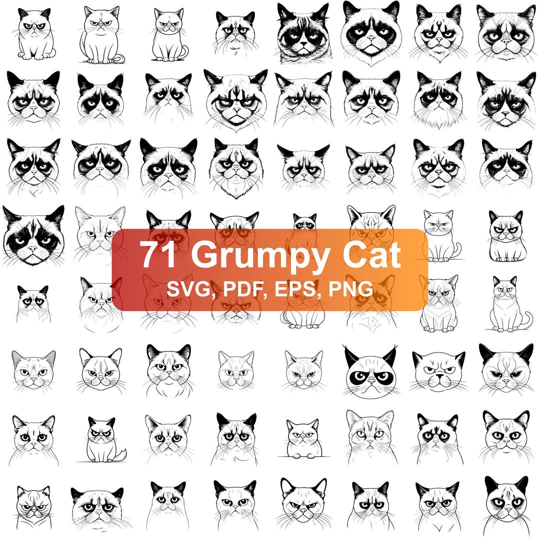 Grumpy Cat SVG Bundle, Cats Svg, Angrys Cat Silhouette, Grim Cat Face ...