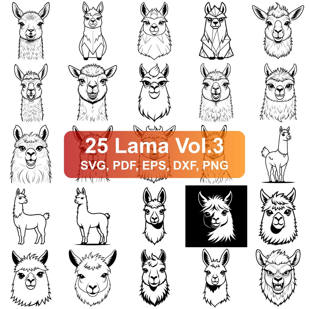 Lama SVG Bundle Vol.3 - 25 Clipart Designs for Laser Cutters, Plotters ...