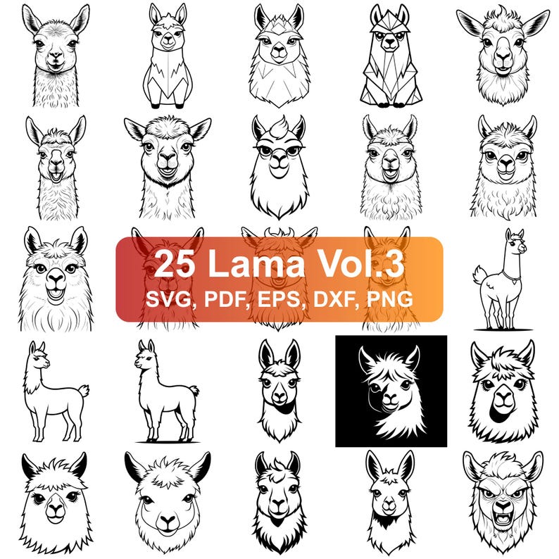Lama SVG Bundle Vol.3 - 25 Clipart Designs for Laser Cutters, Plotters ...