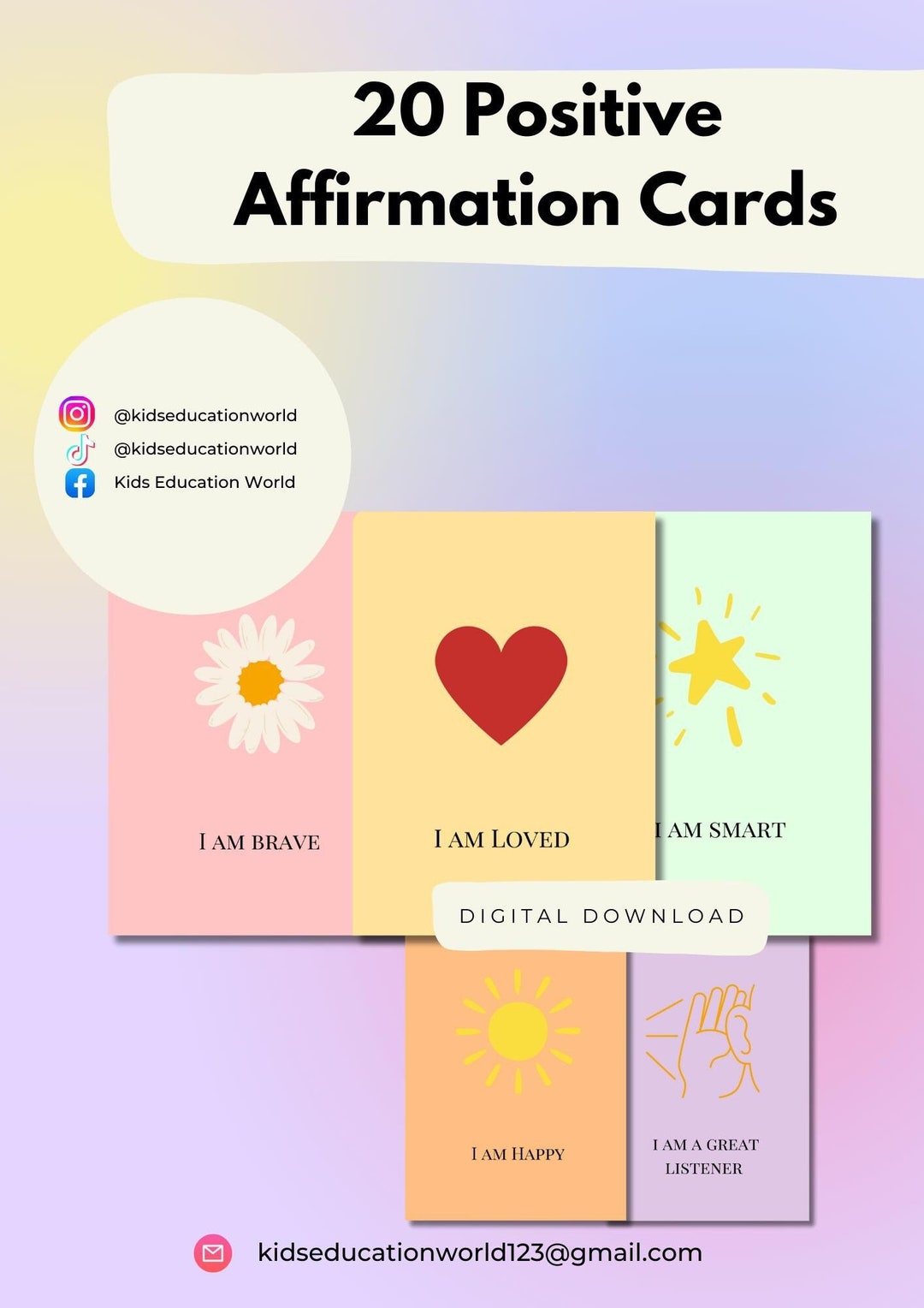 Positive Affirmation Cards for Kids, 20 Positive Affirmations, Flash ...