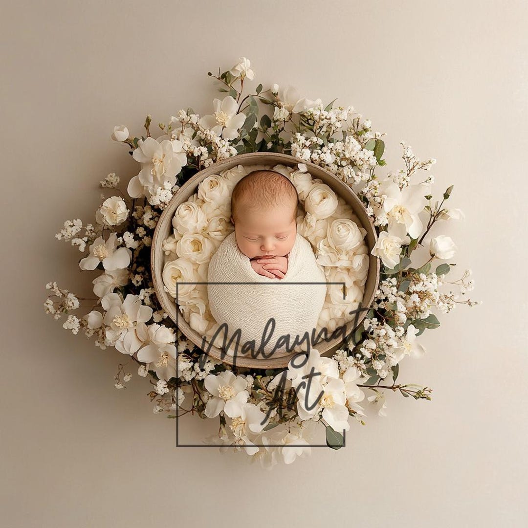 Beige Floral Newborn Digital Backdrop Round Newborn Digital Background ...