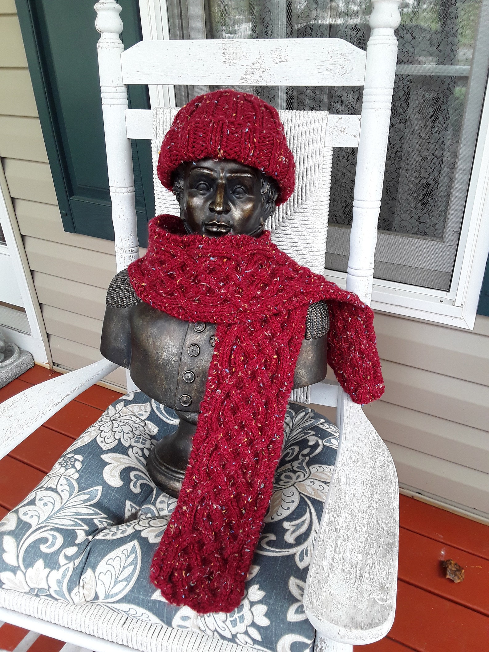 Hand Knitted - Irish Cable Scarf or Hat Red Fleck, Blue Fleck,tan Fleck ...