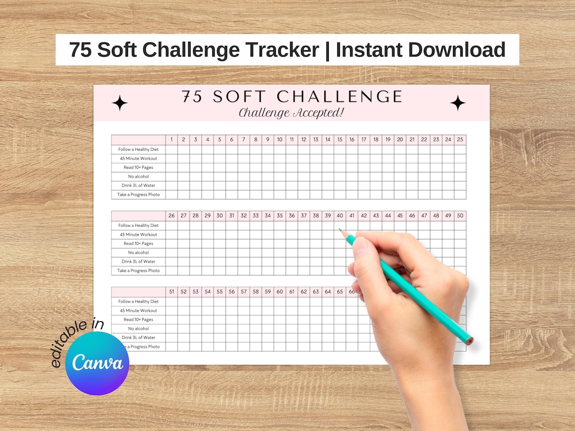 Printable 75 Soft Challenge Tracker, Editable in Canva, 75 Day Soft ...