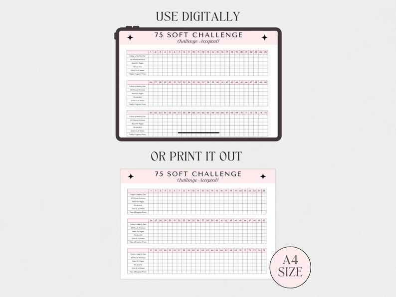 Printable 75 Soft Challenge Tracker, Editable in Canva, 75 Day Soft ...