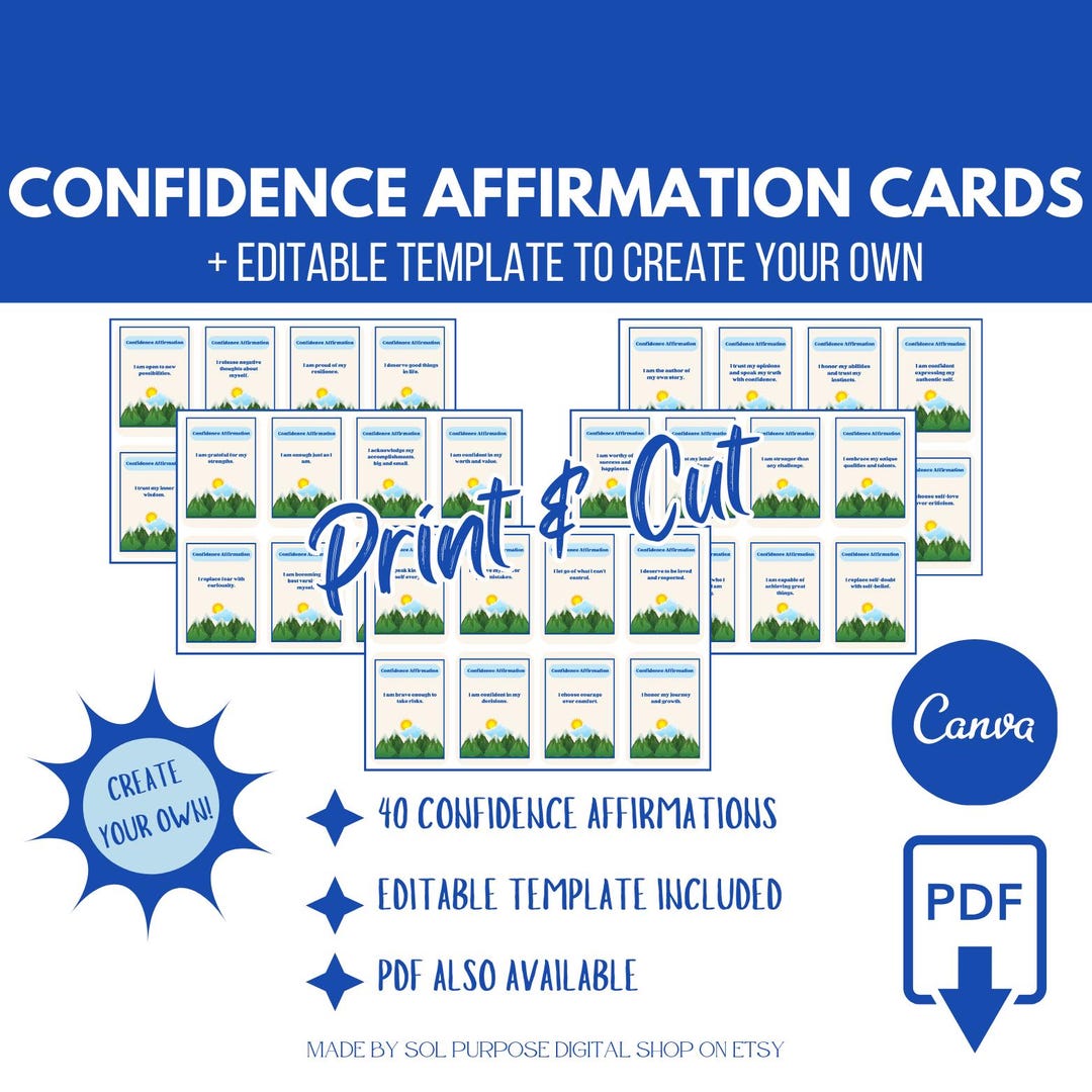 40 Confidence Affirmation Cards Editable Template to Write Your Own ...