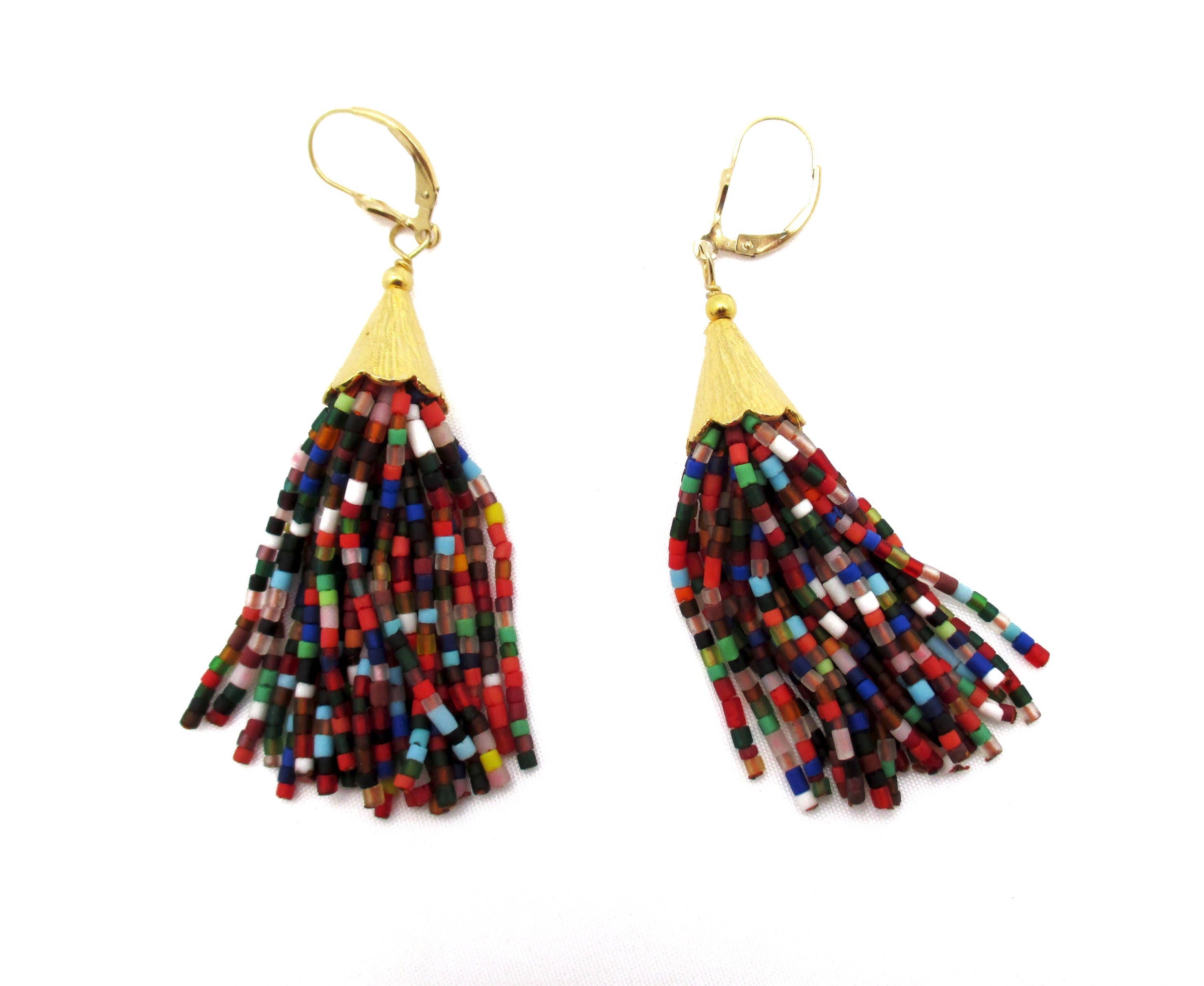 Multi Colored Seed Bead Tassel Earrings With Gold Plated Cone Etsy