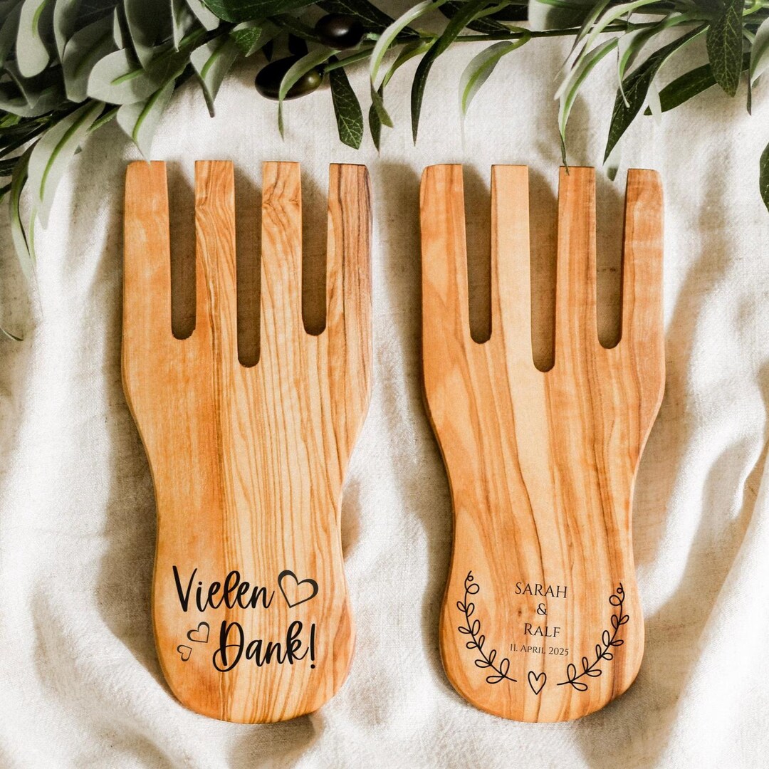 Personalized Olive Wood Salad Servers, Handmade Rustic Serving Utensils ...