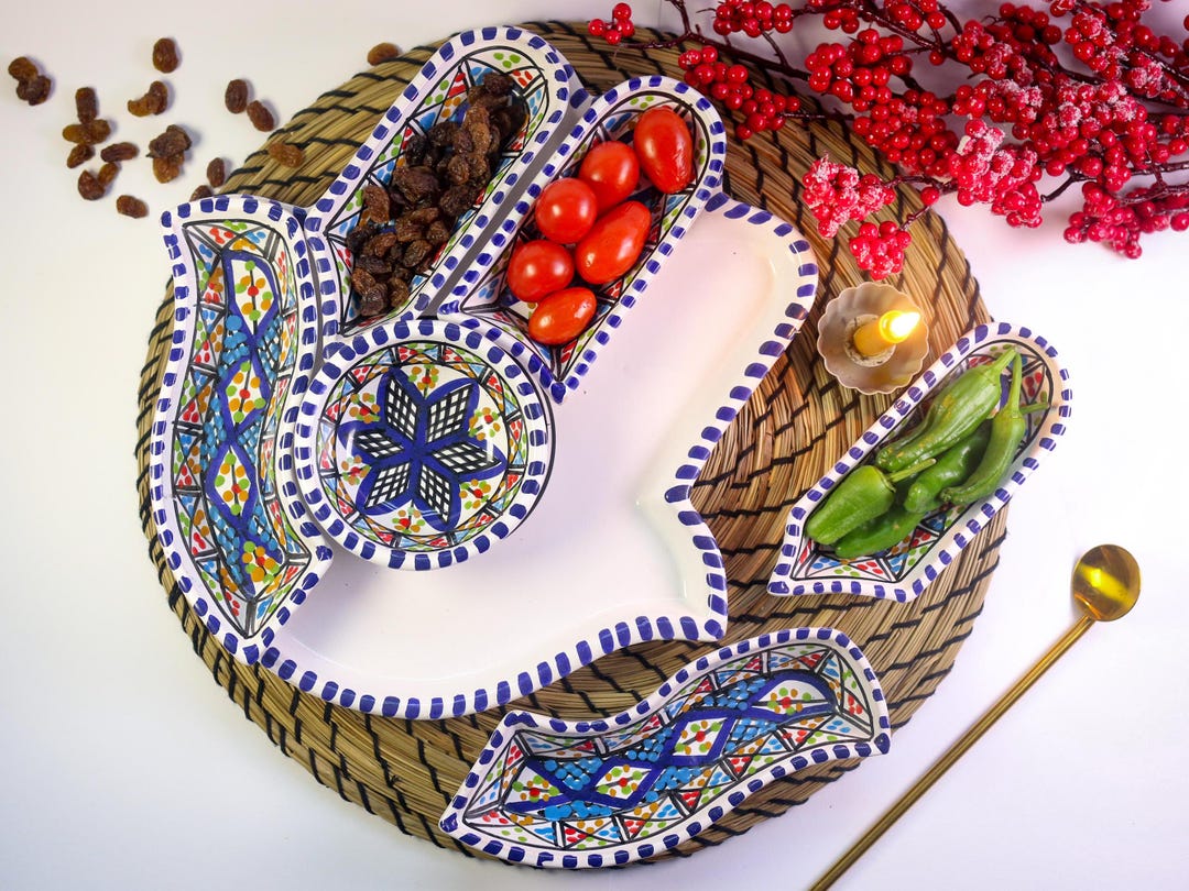 Hand of Fatima Ceramic Serving Tray Set 7-piece Moroccan Style ...