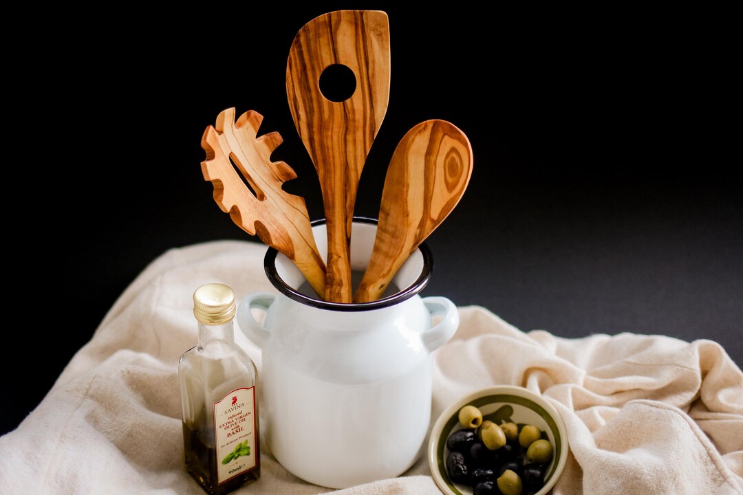 Rustic Olive Wood Kitchen Utensils Set Handcrafted Cooking & Serving ...