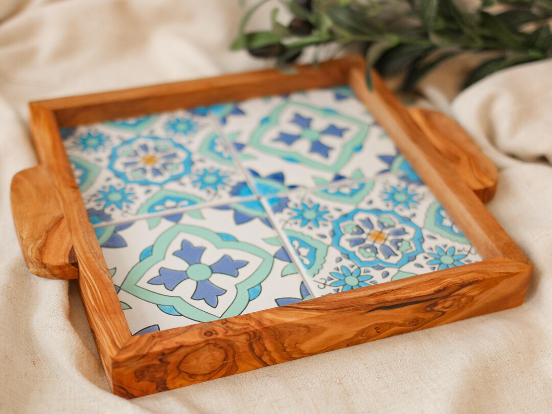 Square Olive Wood Serving Tray With Mosaic Ceramic Tiles, Rustic Tray ...