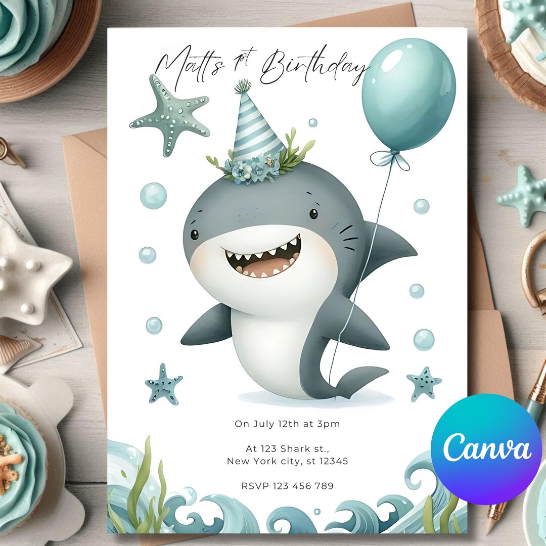 Shark Birthday Invitation: Under the Sea Theme (canva Template) - Etsy