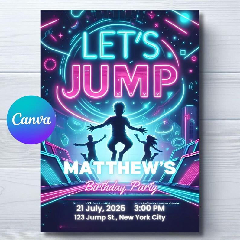 Trampoline Birthday Invitation: Neon Jump Party, Editable in Canva ...