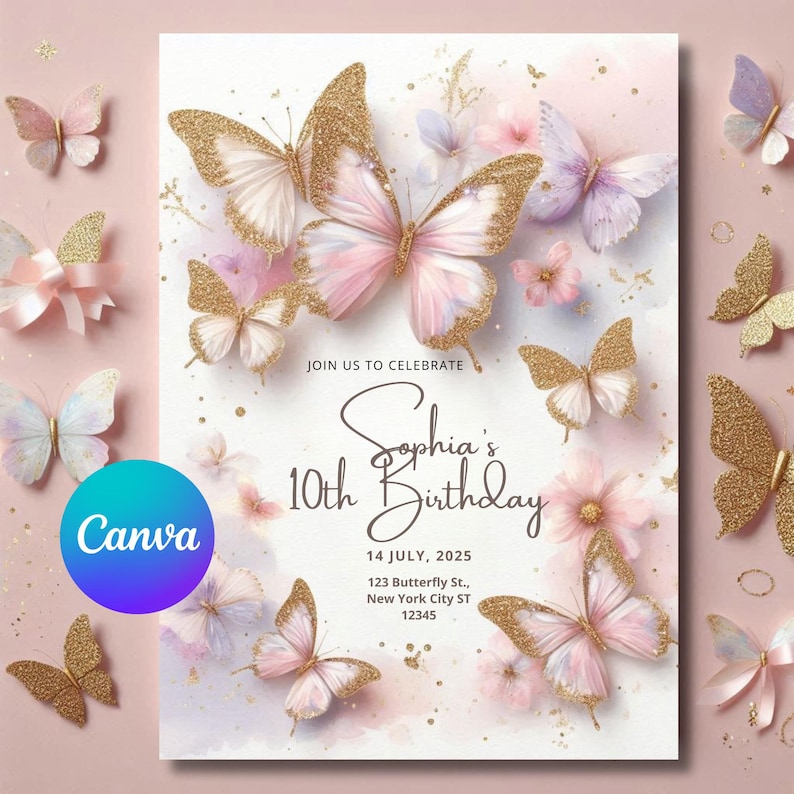 Butterfly Invite, Pink Butterfly Invitation, Floral Invite, Fairy 1st ...