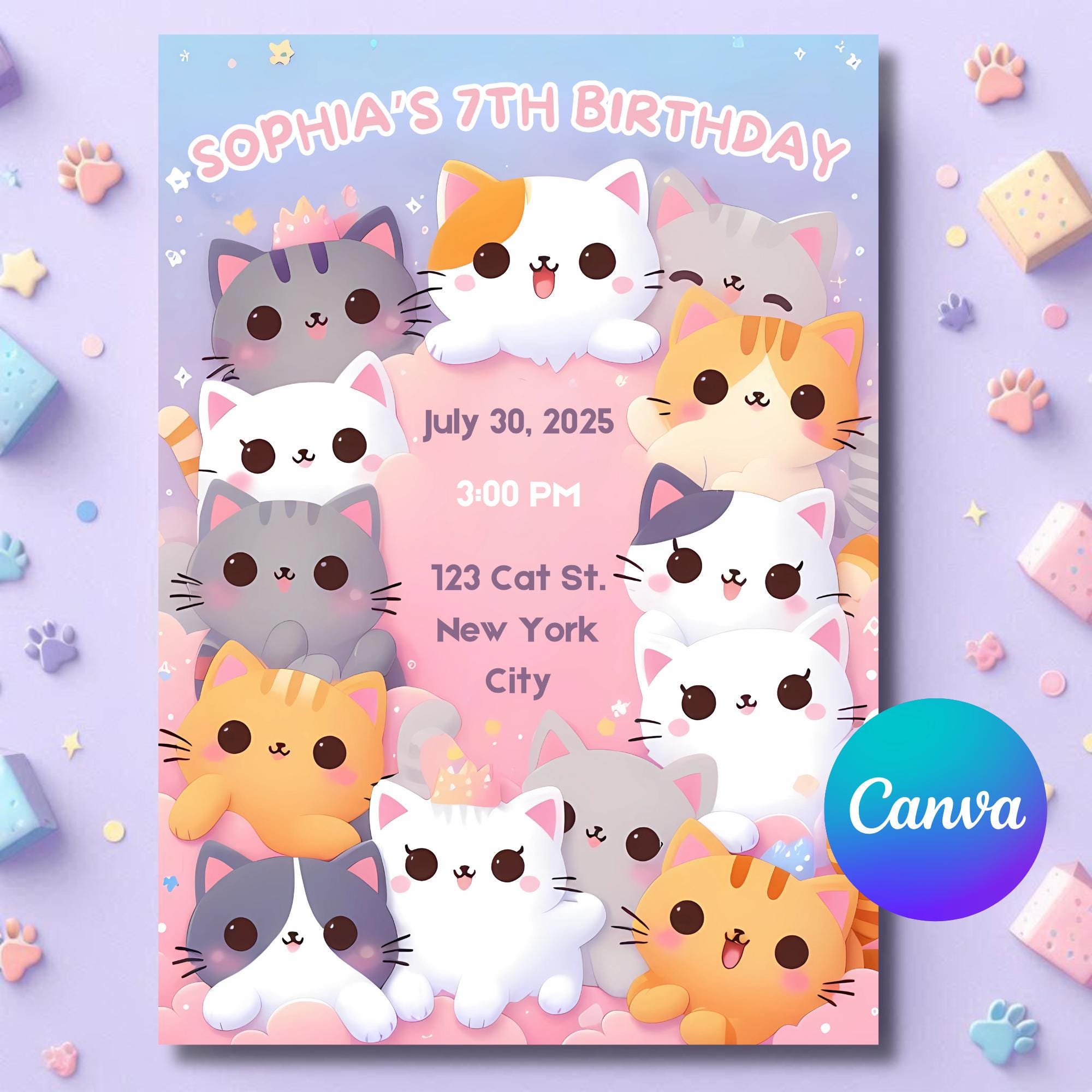 Cat Invitation, Kawaii Kitty Invitation, Kawaii Cat, Kitty Birthday ...