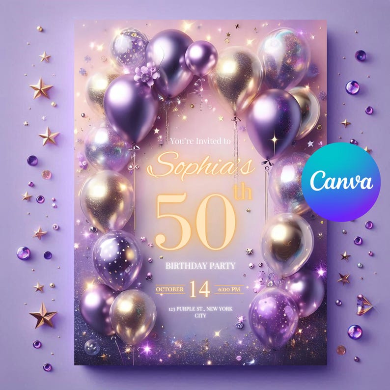 Lavender Birthday Invitation: Editable Floral Party Invite (canva ...