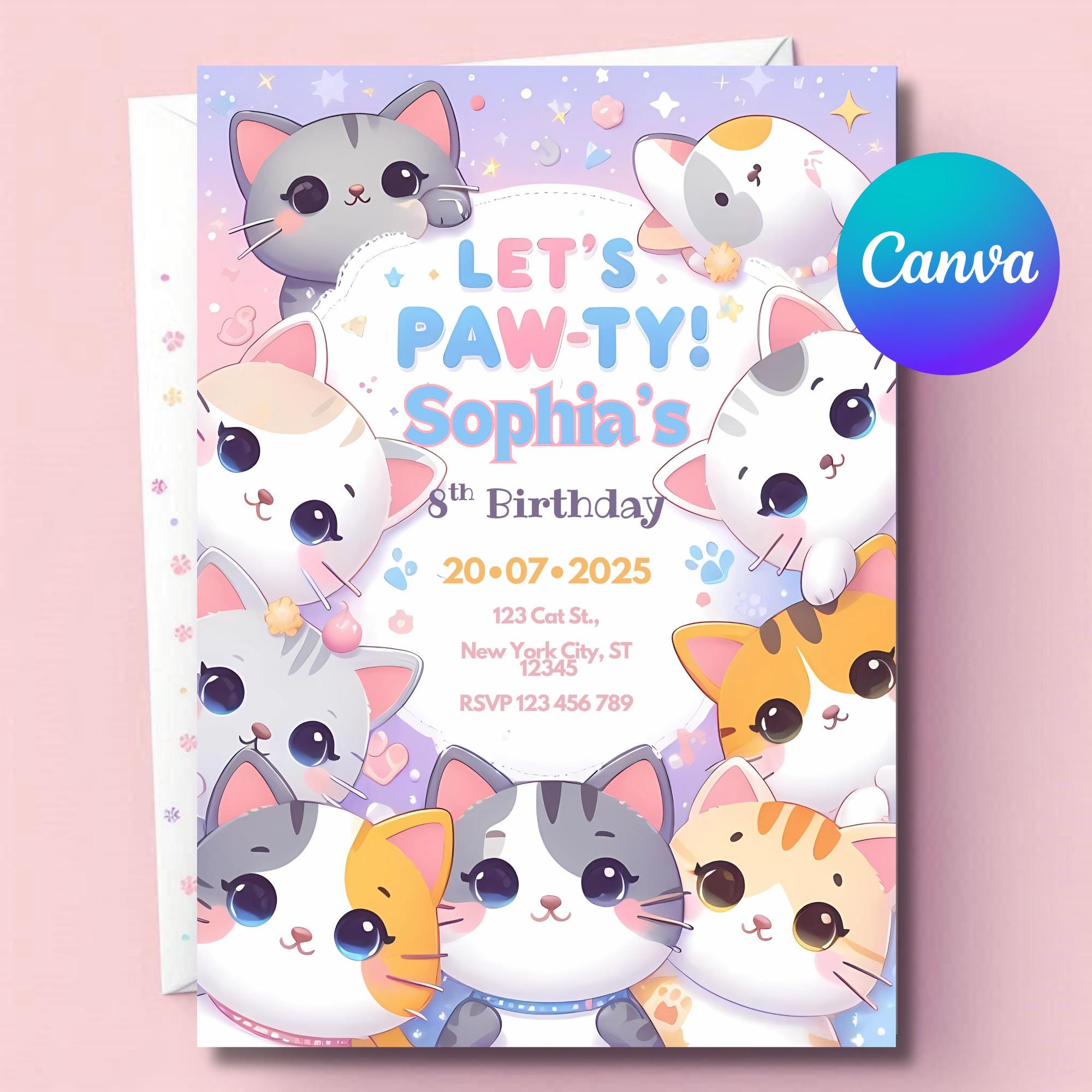 Kawaii Cat Birthday Invitation: Editable Kitty Party Invite (canva ...
