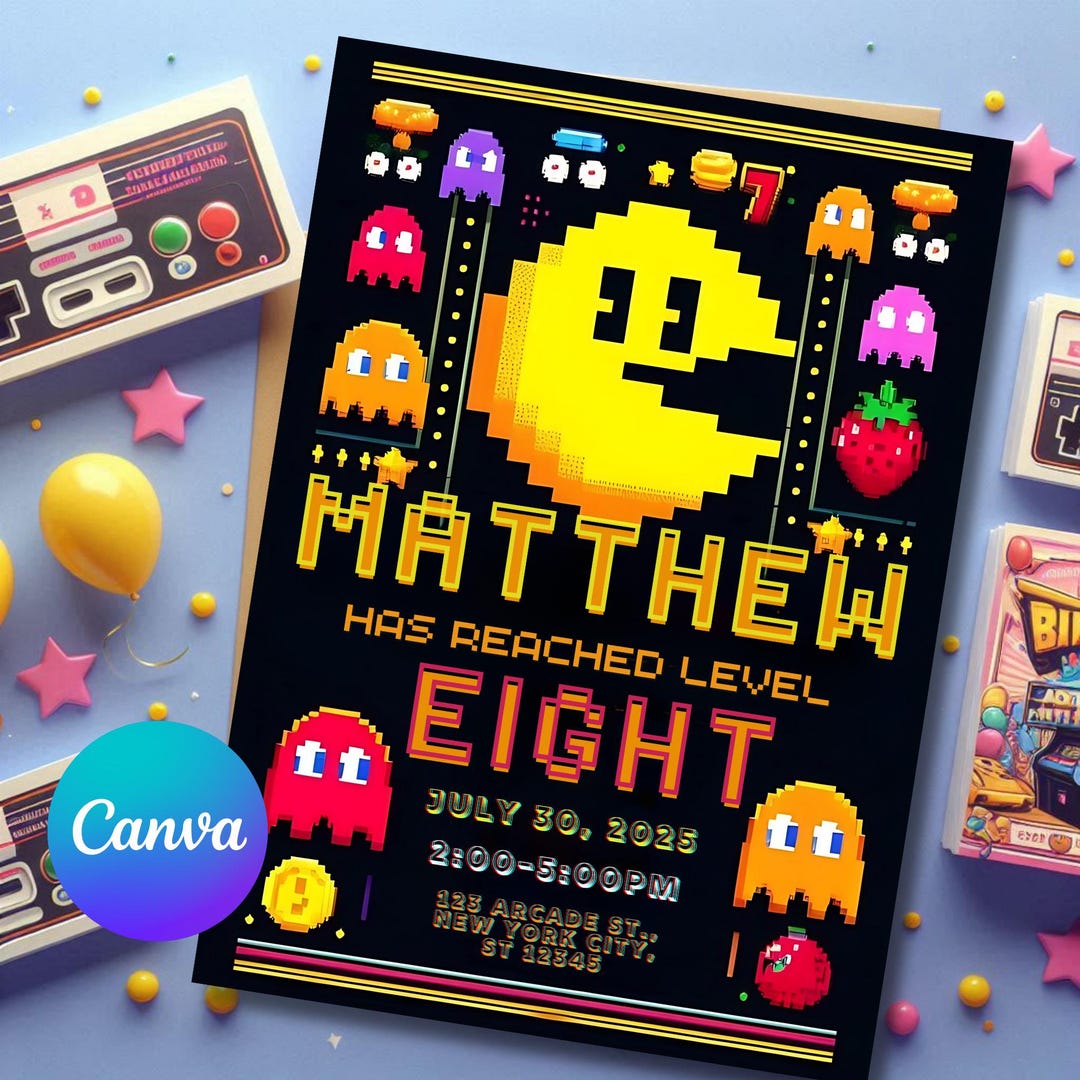 Arcade Birthday Invitation: Retro Video Game Party (canva Template) - Etsy