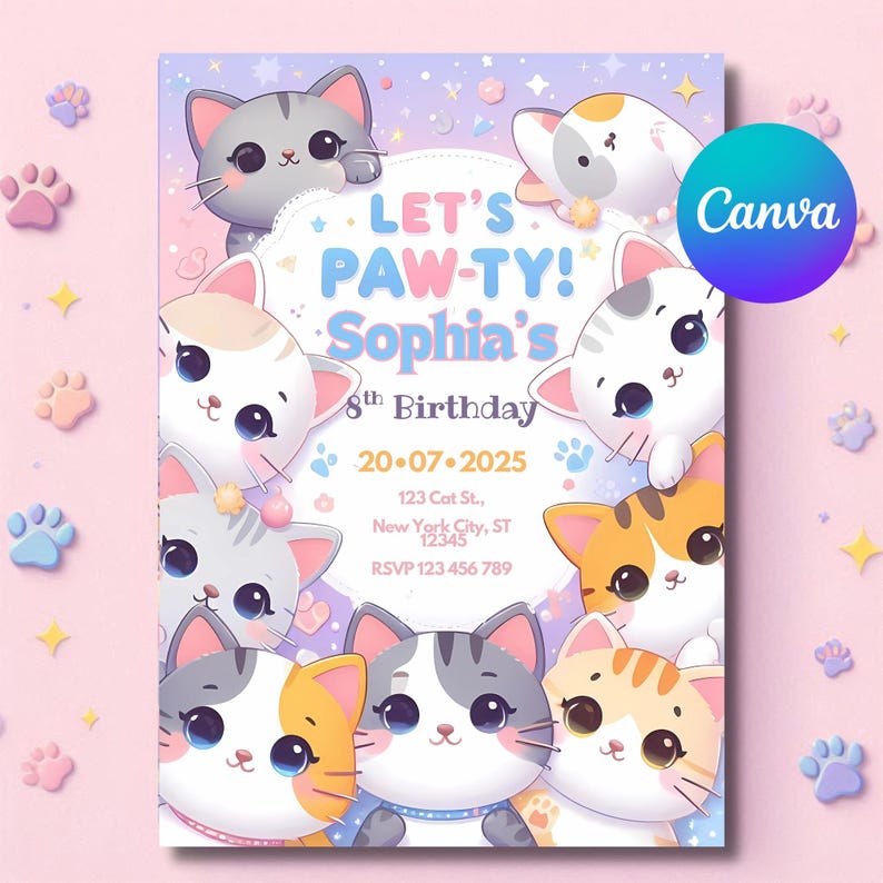 Kawaii Cat Birthday Invitation: Editable Kitty Party Invite (canva ...