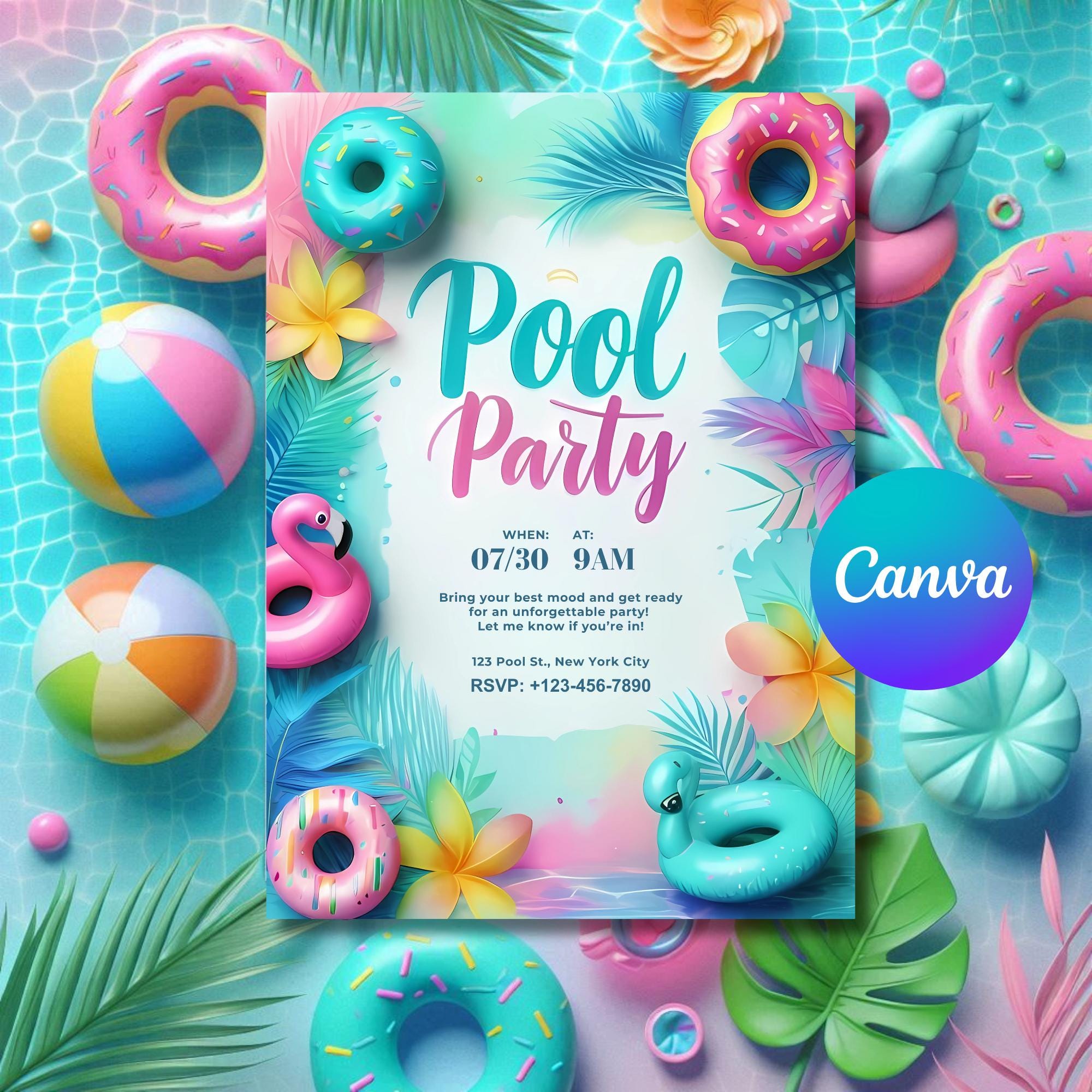 Pool Party Invitation: Summer Birthday, Editable in Canva (digital ...