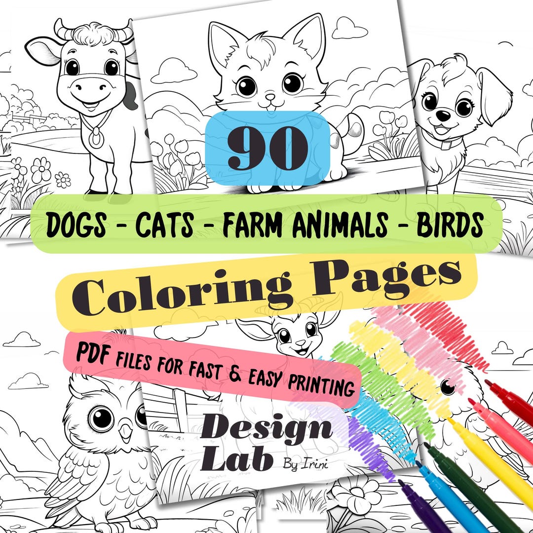 90 Coloring Pages for Kids Dogs, Cats, Farm Animals, Birds Kids ...