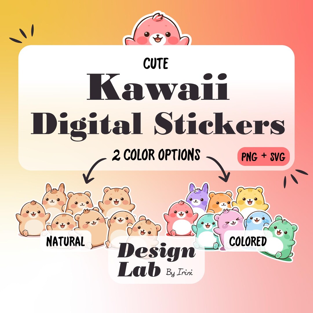 Kawaii Cute Animals Digital Stickers SVG and PNG, Clipart Set ...