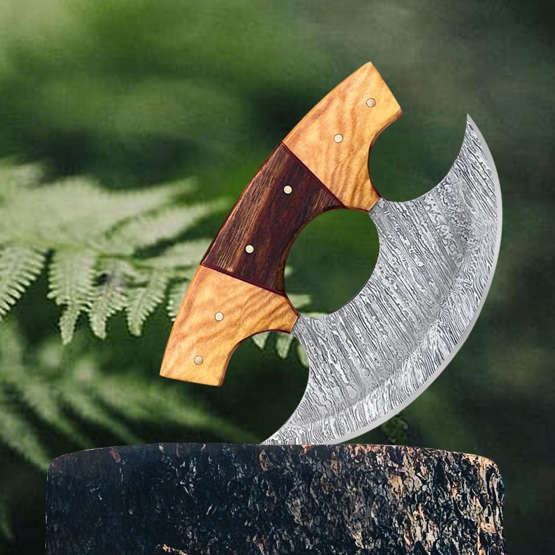 Custom Handmade Damascus Steel Alaskan Ulu With Sheath, 6" Pizza Cutter ...