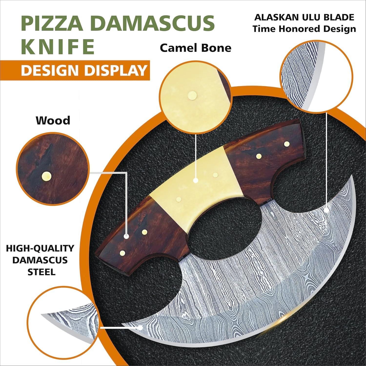 Custom Handmade Damascus Steel Alaskan Ulu Knife With Sheath, 6" Pizza ...