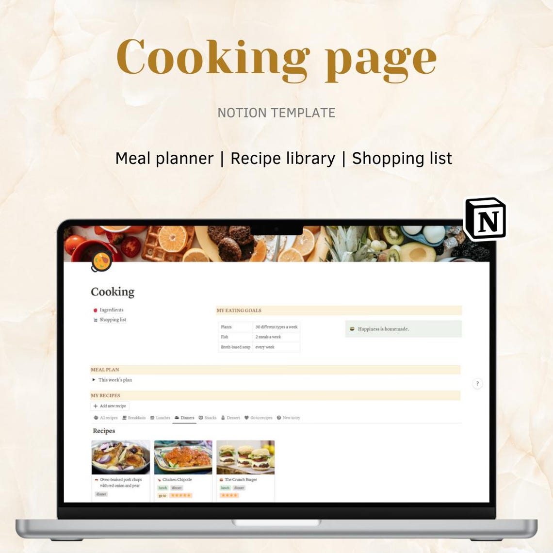 Notion Template Cooking Hub | Meal Planner, Recipe Library, Grocery ...