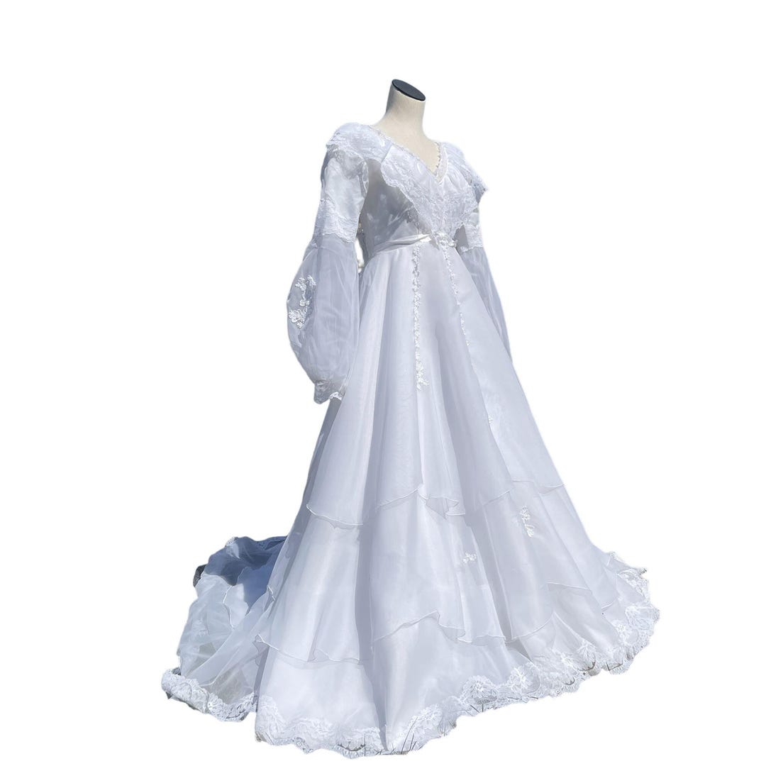 80s 70s Fairycore Wedding Gown & Veil Lace Bishop Sleeves A-line Skirt ...