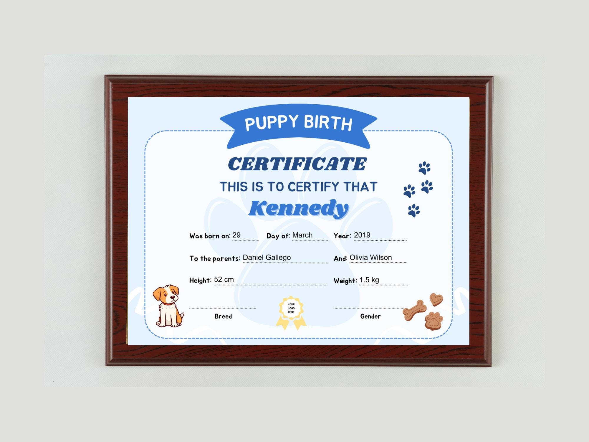 Custom Puppy Birth Certificate Template, Editable Printable Paw ...