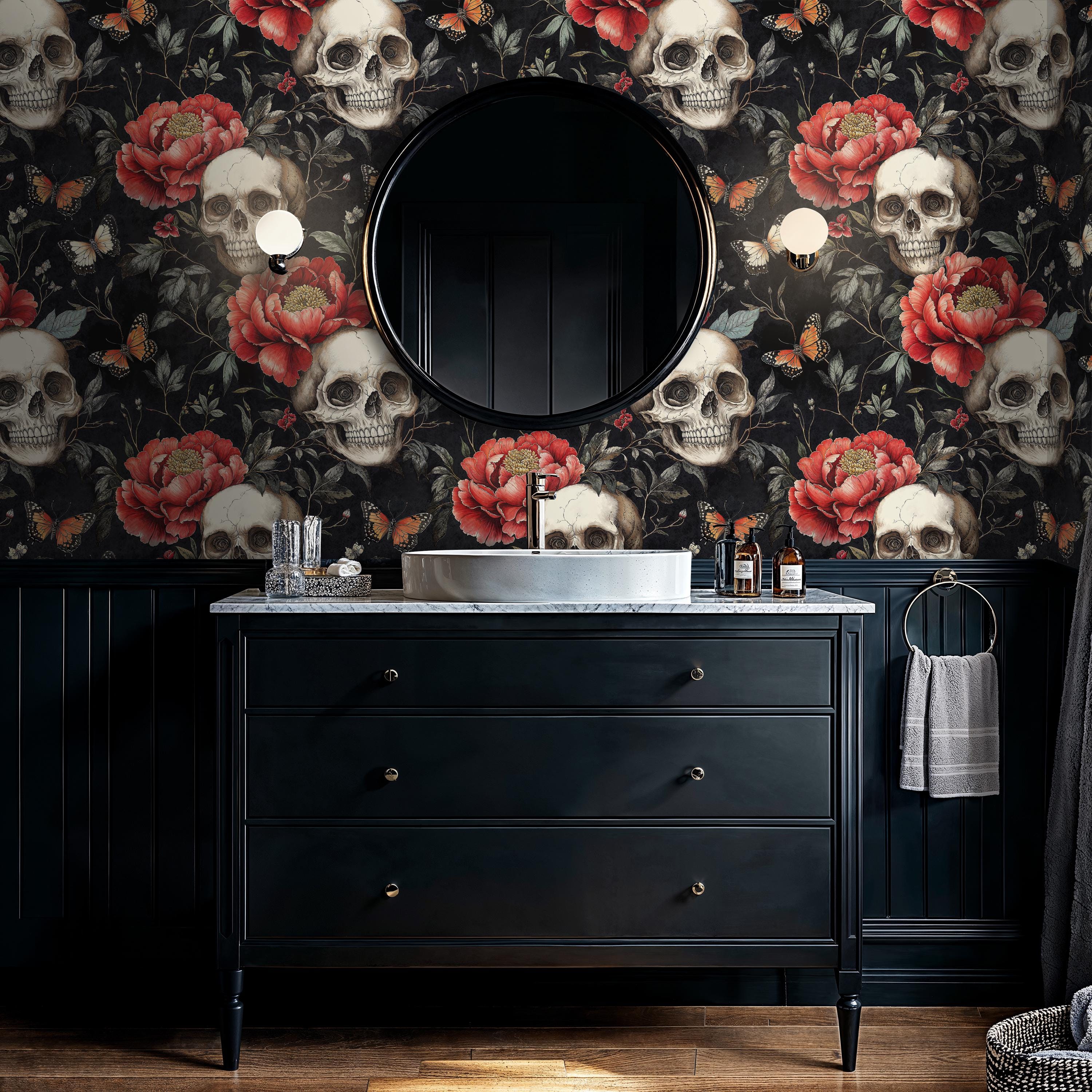 Dark Gothic Skull & Peonies Wallpaper - Peel and Stick Floral Mural - Etsy