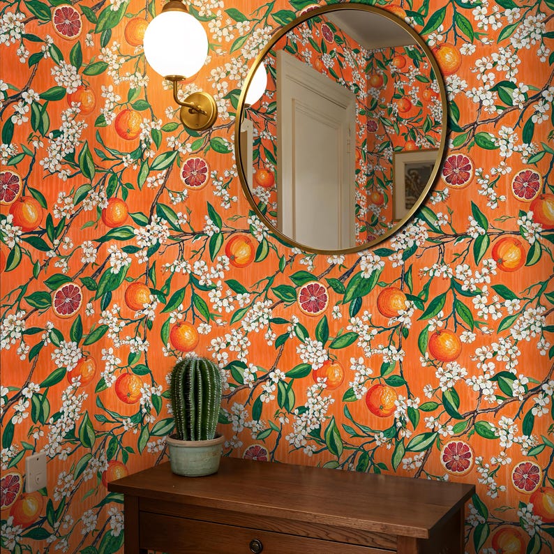 Retro Orange Blossom Wallpaper: Tropical Citrus Peel and Stick Wall ...